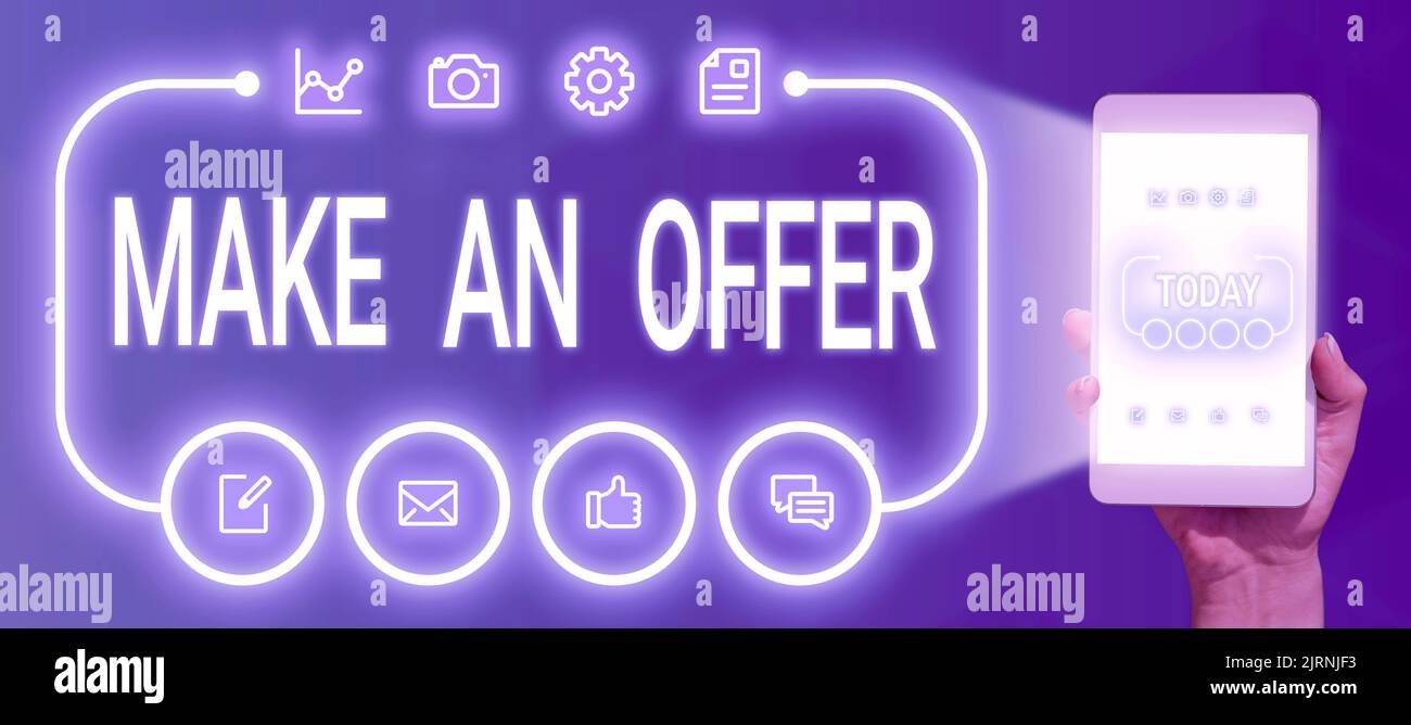 Hand writing sign Make An Offer. Business overview Proposal Bring up ...