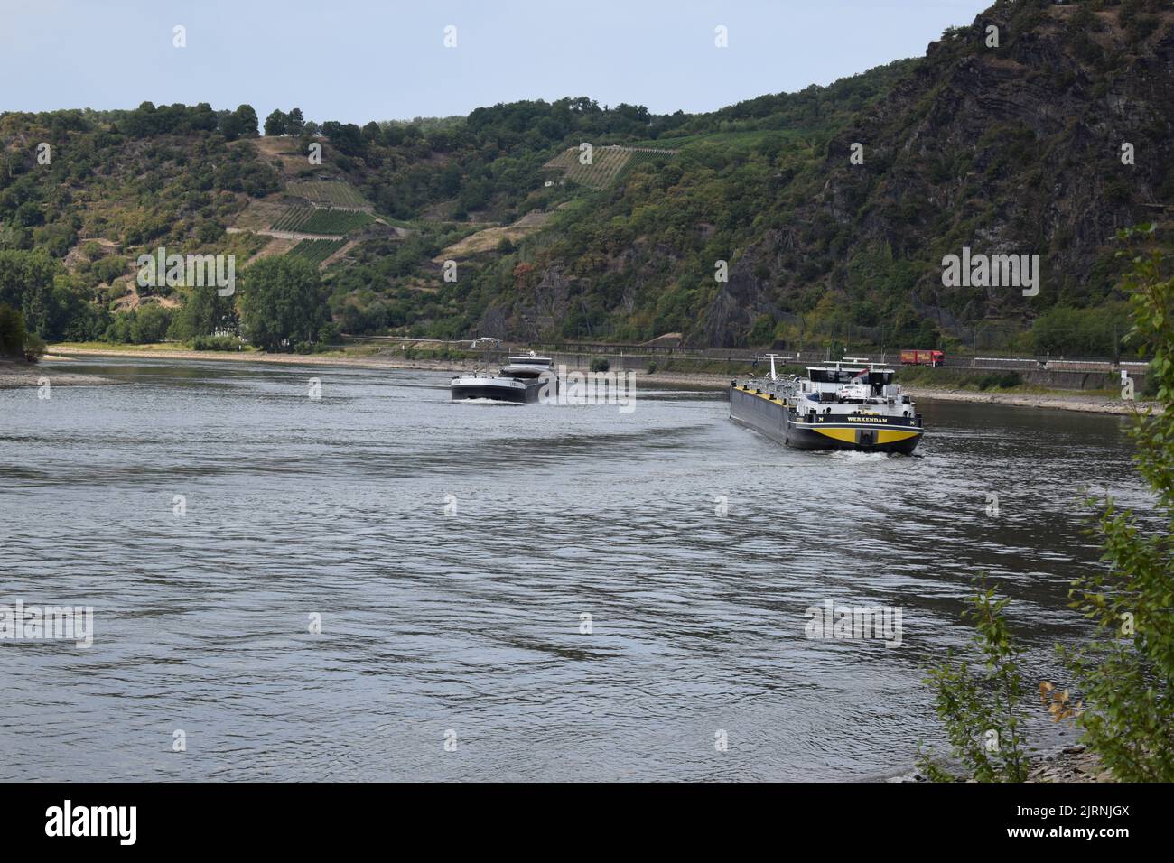 two cargo ships passing in Lorelei passage, both direction Stock Photo ...
