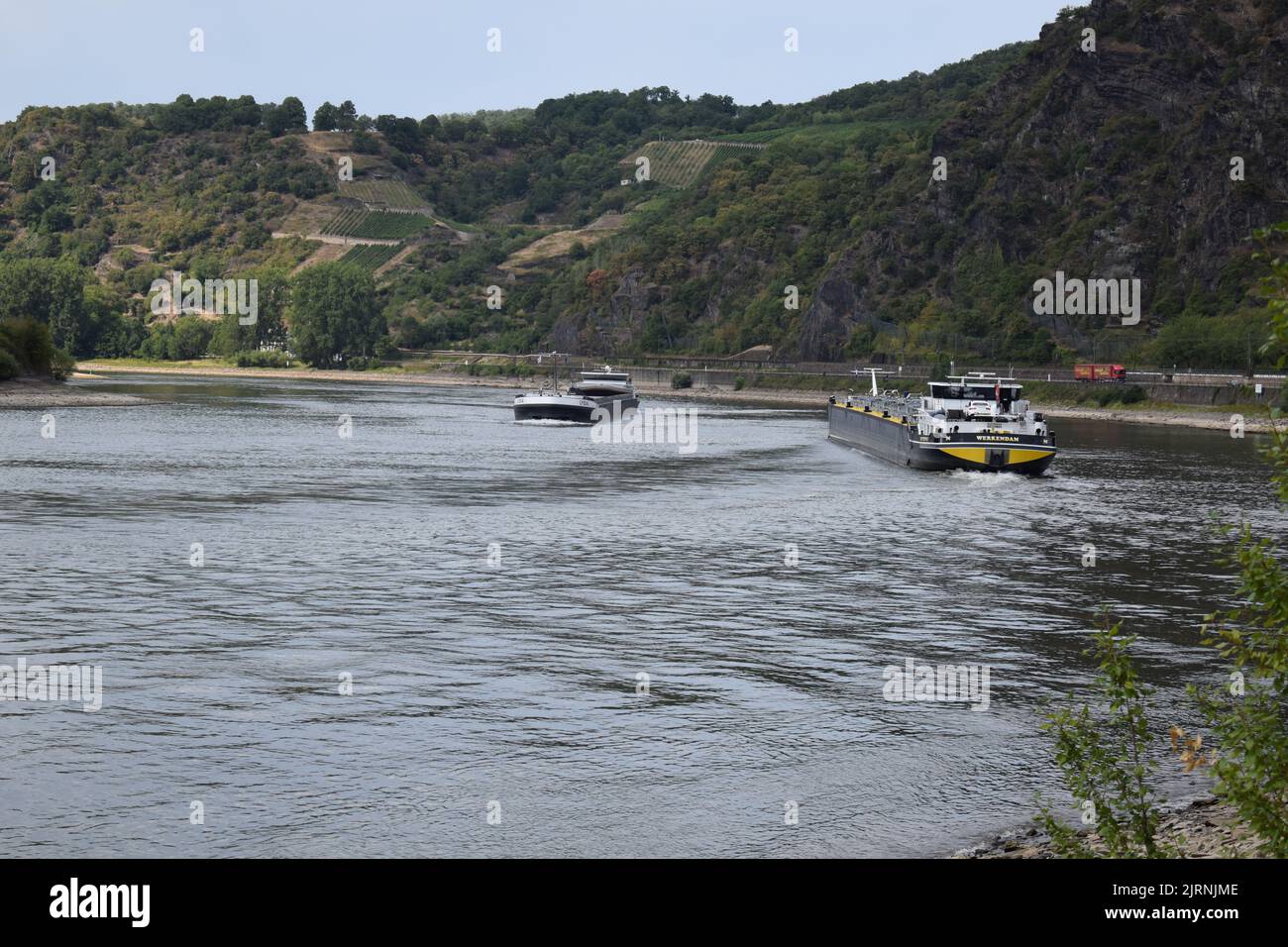 two cargo ships passing in Lorelei passage, both direction Stock Photo ...