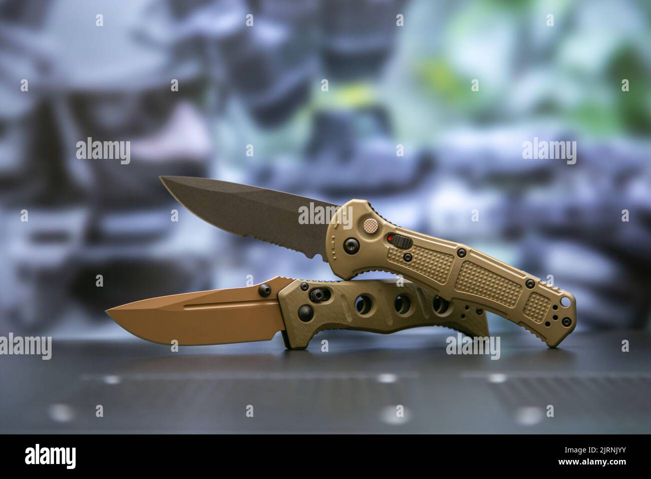 Khaki military pocket folding knives. Compact metal sharp knife with a ...