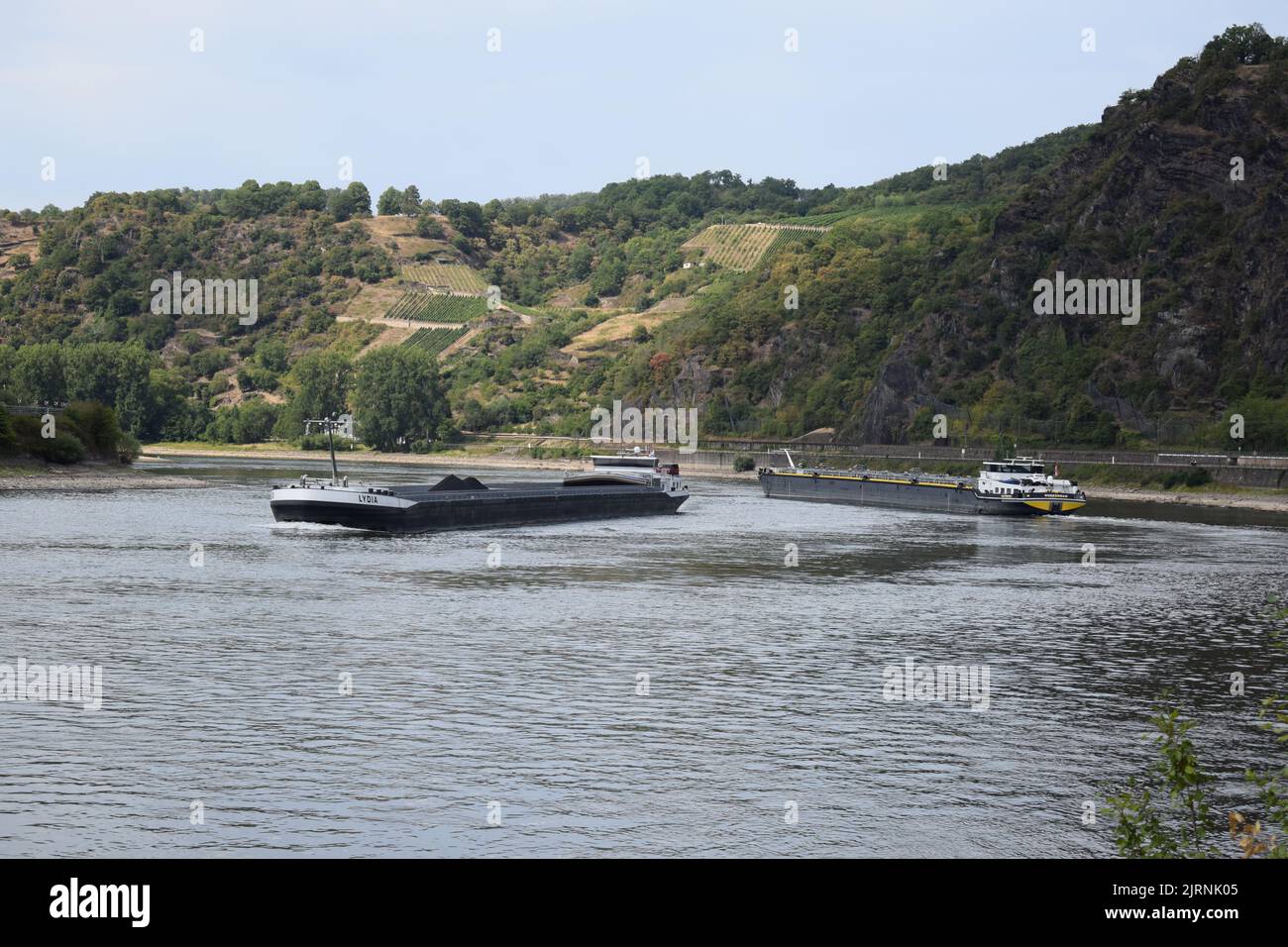 two cargo ships passing in Lorelei passage, both direction Stock Photo ...