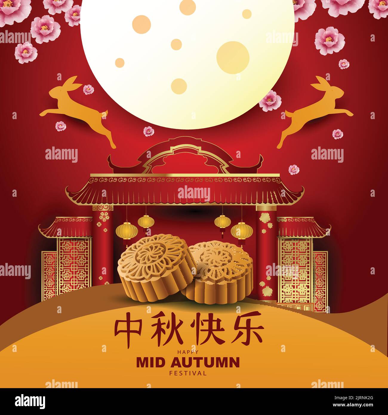 happy Mid Autumn Festival Greeting illustration in traditional Chinese art design, with flowers ...