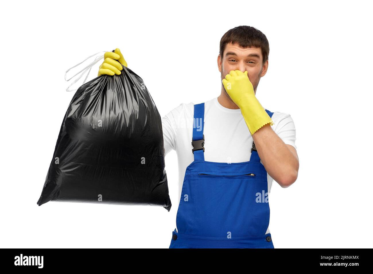 male worker or cleaner with stinky garbage bag Stock Photo - Alamy