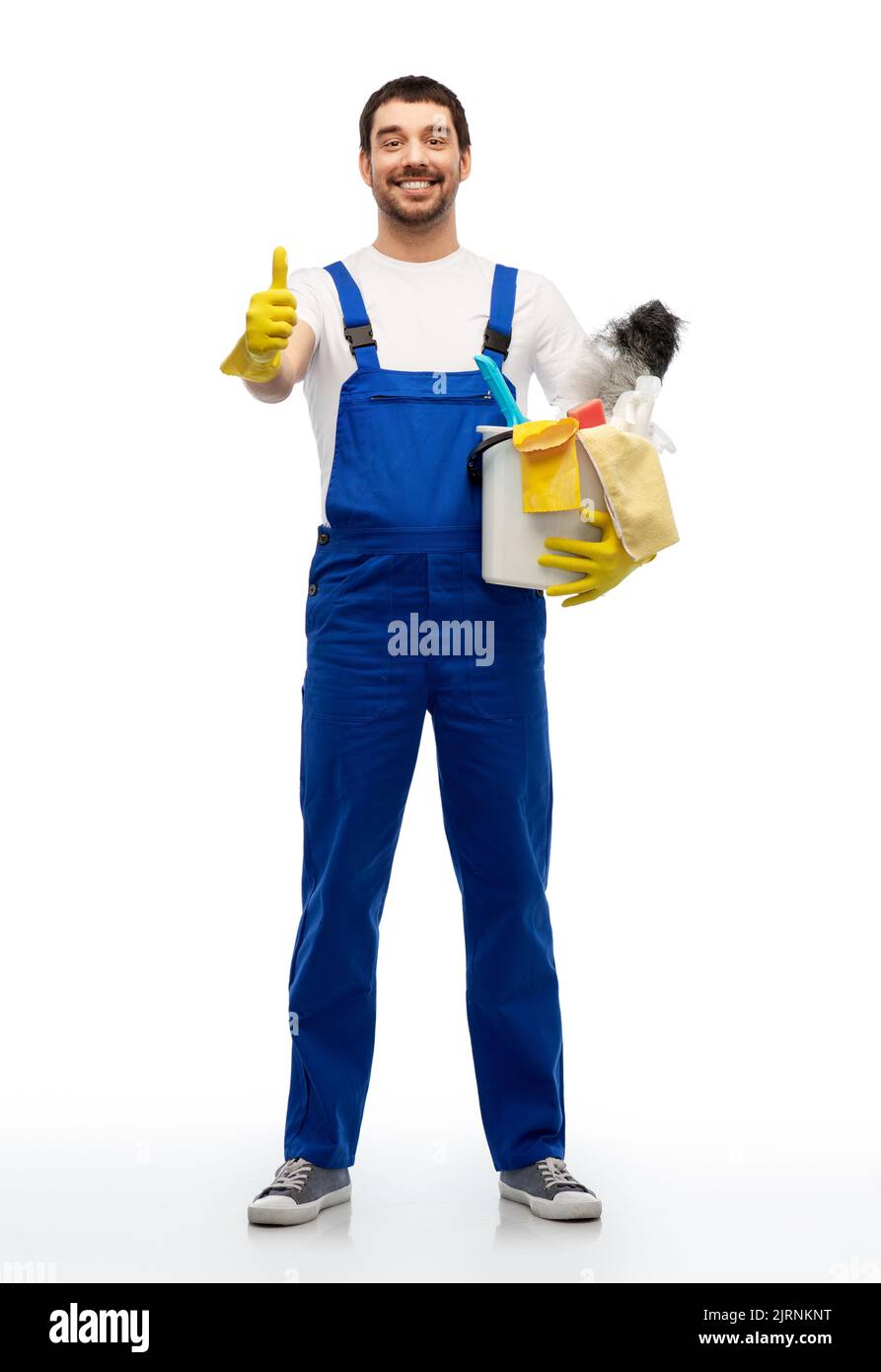 cleaner with cleaning supplies showing thumbs up Stock Photo - Alamy
