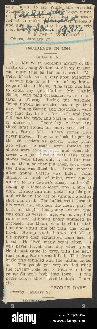 Incidents in 1860, 27 January 1934, by George Davy, Taranaki Herald ...