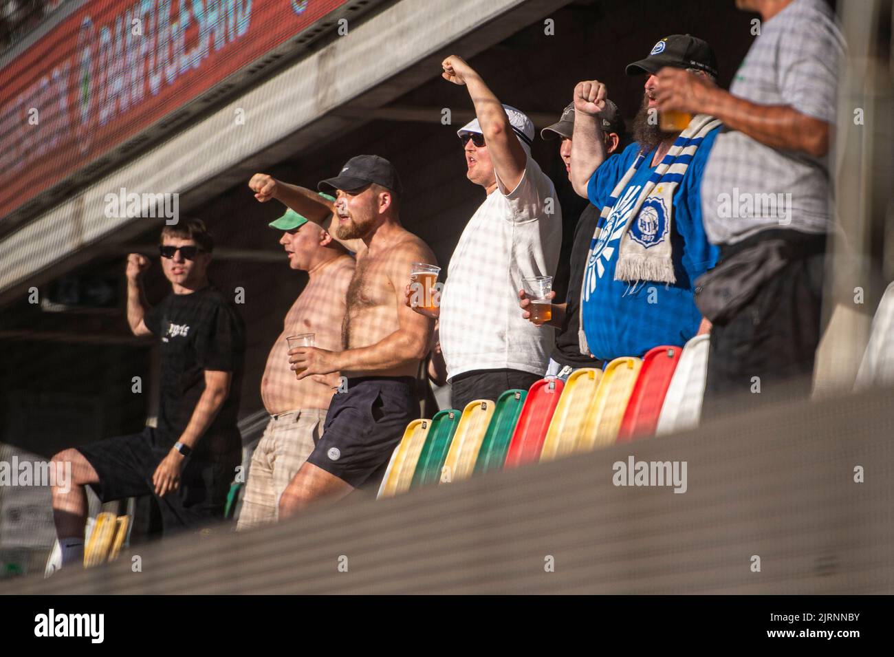 Silkeborg, Denmark. 25th Aug, 2022. Football fans of HJK Helsinki seen ...
