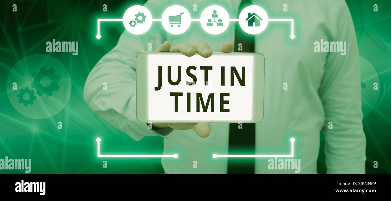 Sign displaying Just In Time. Concept meaning Arriving exactly at hour ...