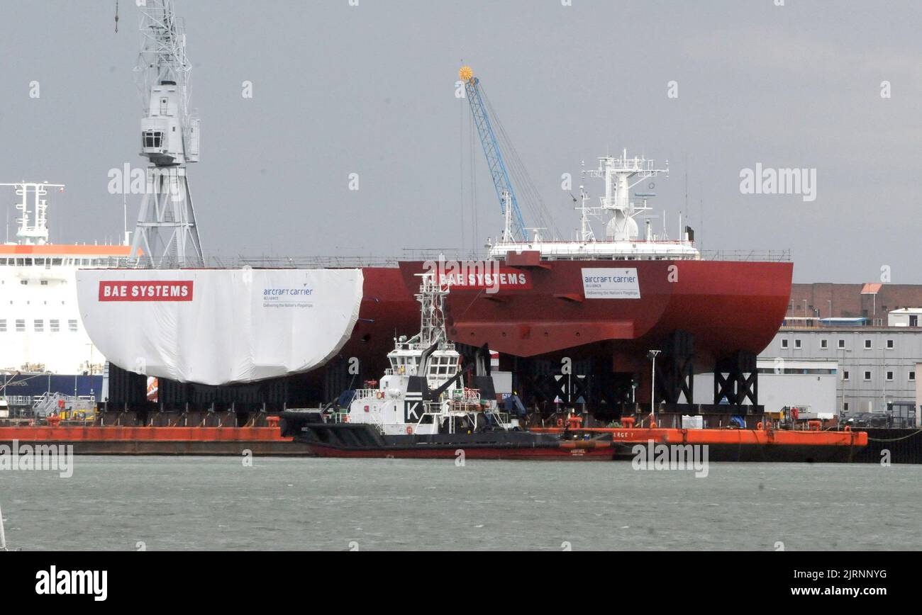 THE TWO STERN SECTIONS OF HMS QUEEN ELIZABETH, THE NEW SUPER CARRIER ...