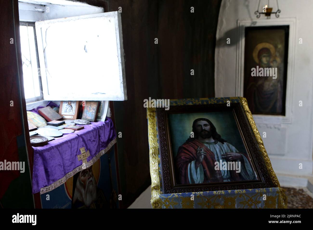 Painting of Jesus Christ inside Greek chapel Stock Photo - Alamy