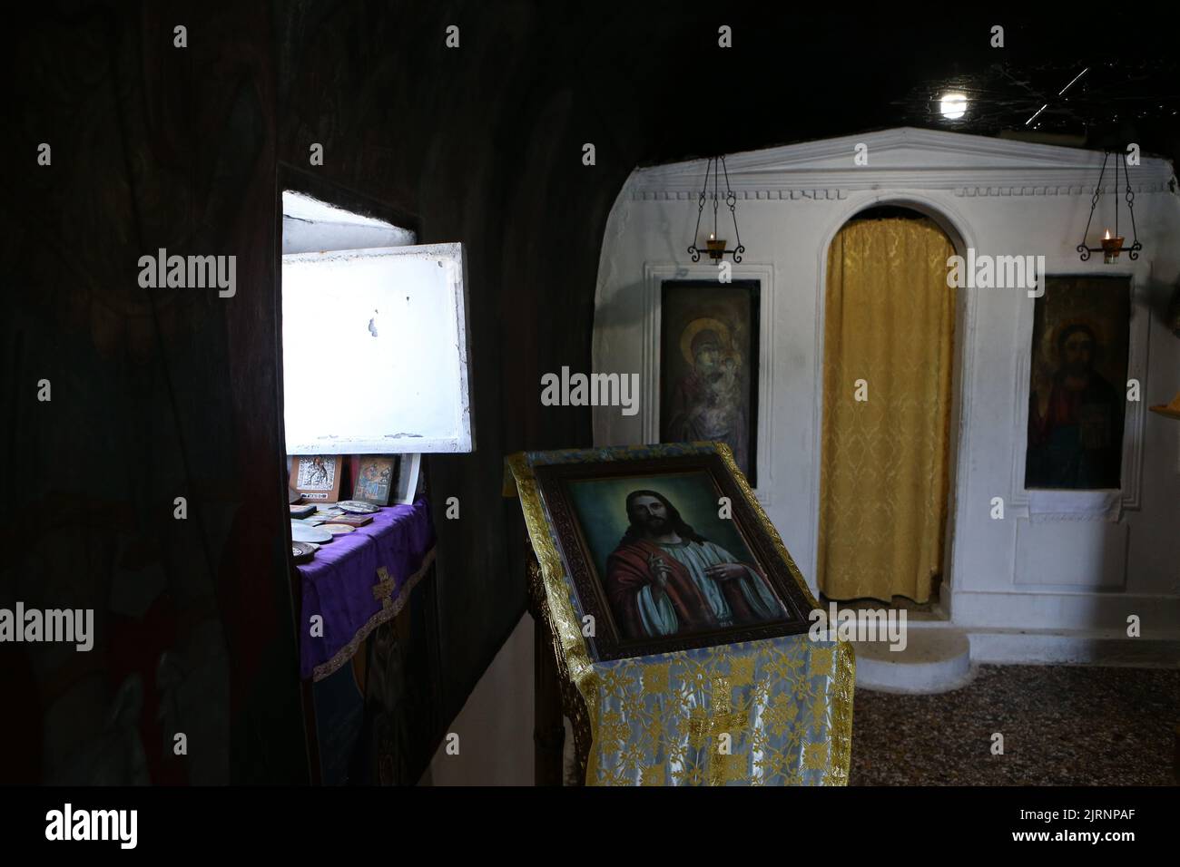 Painting of Jesus Christ inside Greek chapel Stock Photo - Alamy