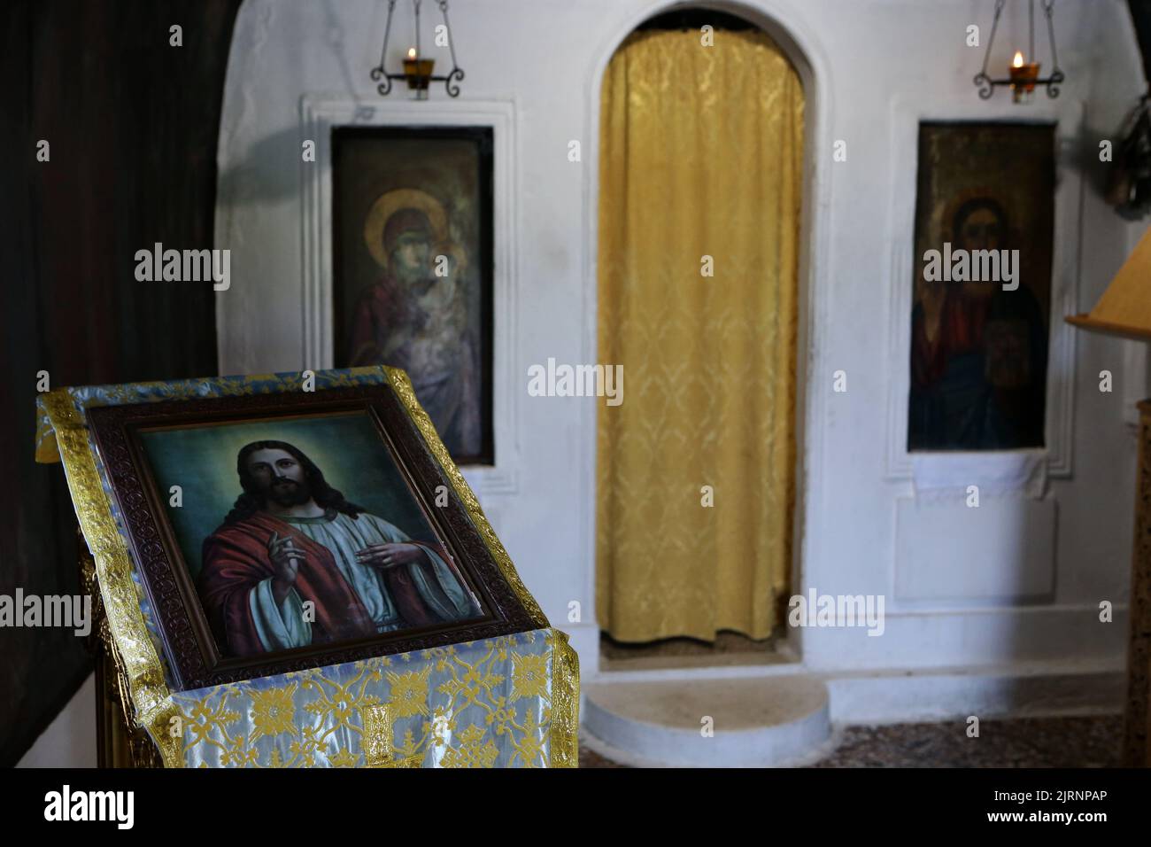 Painting of Jesus Christ inside Greek chapel Stock Photo - Alamy