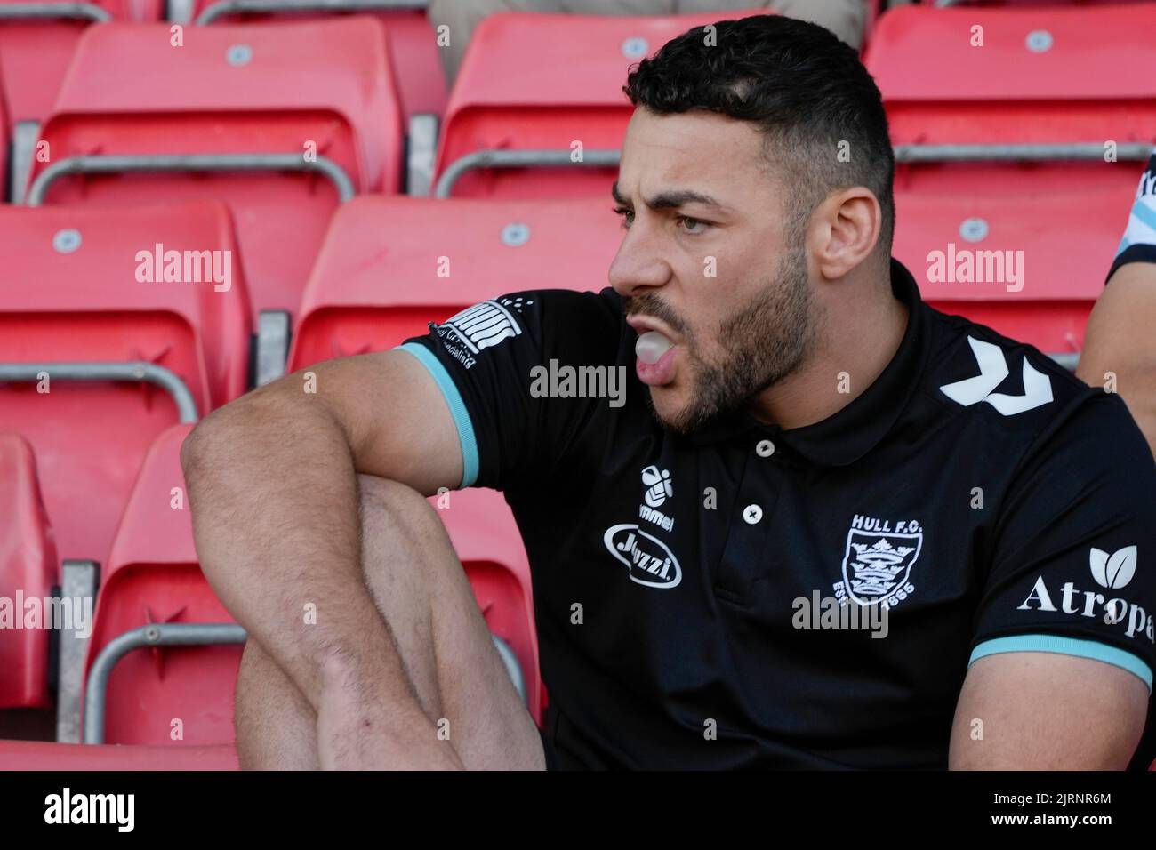 Jake Connor #1 of Hull FC blows bubbles as he prepares for the game ...