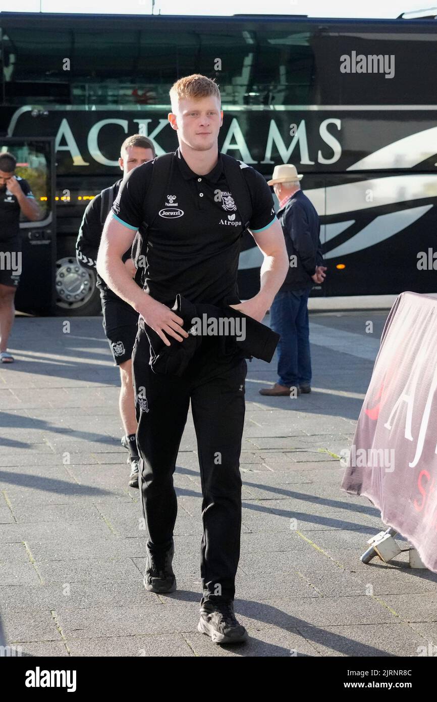Harvey Barron #32 of Hull FC arrives at the stadium before the game ...