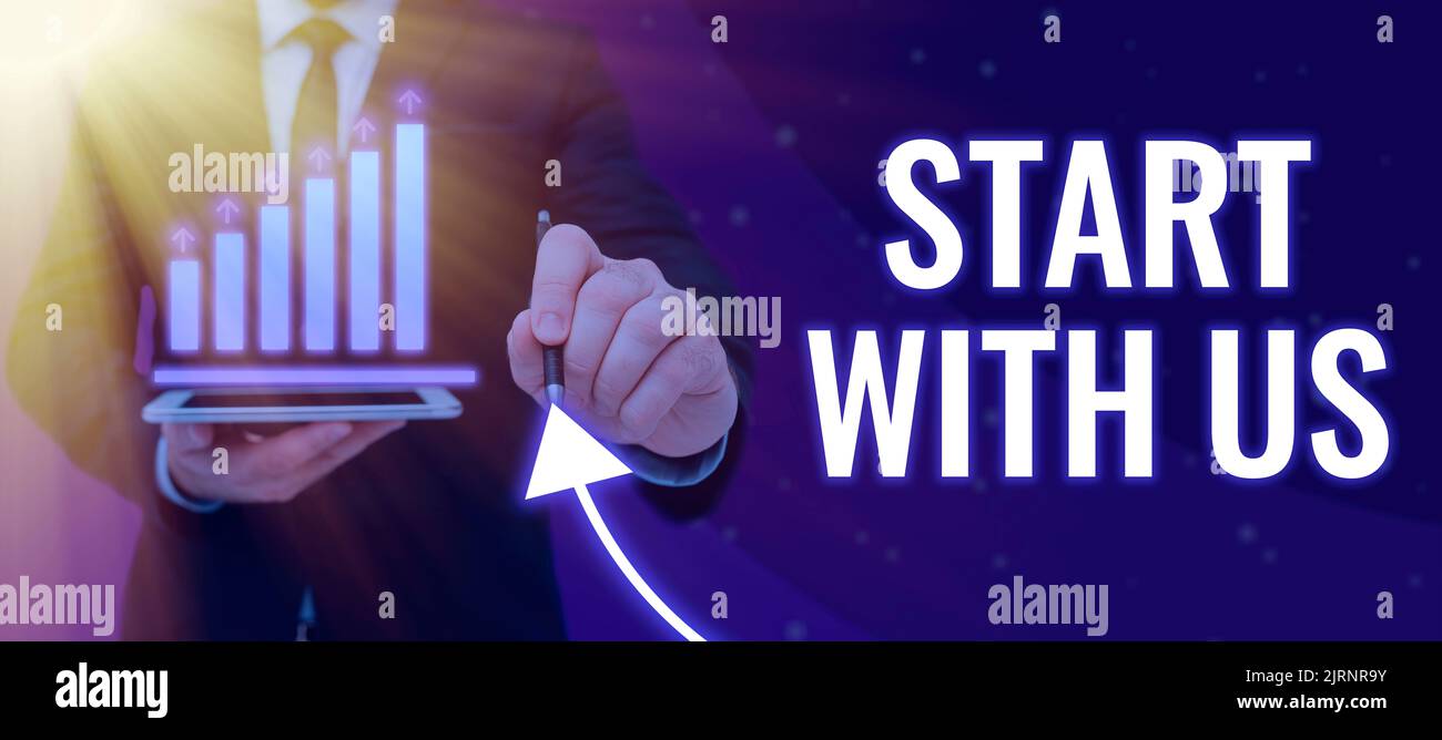 Text caption presenting Start With Us. Business overview Get started on ...