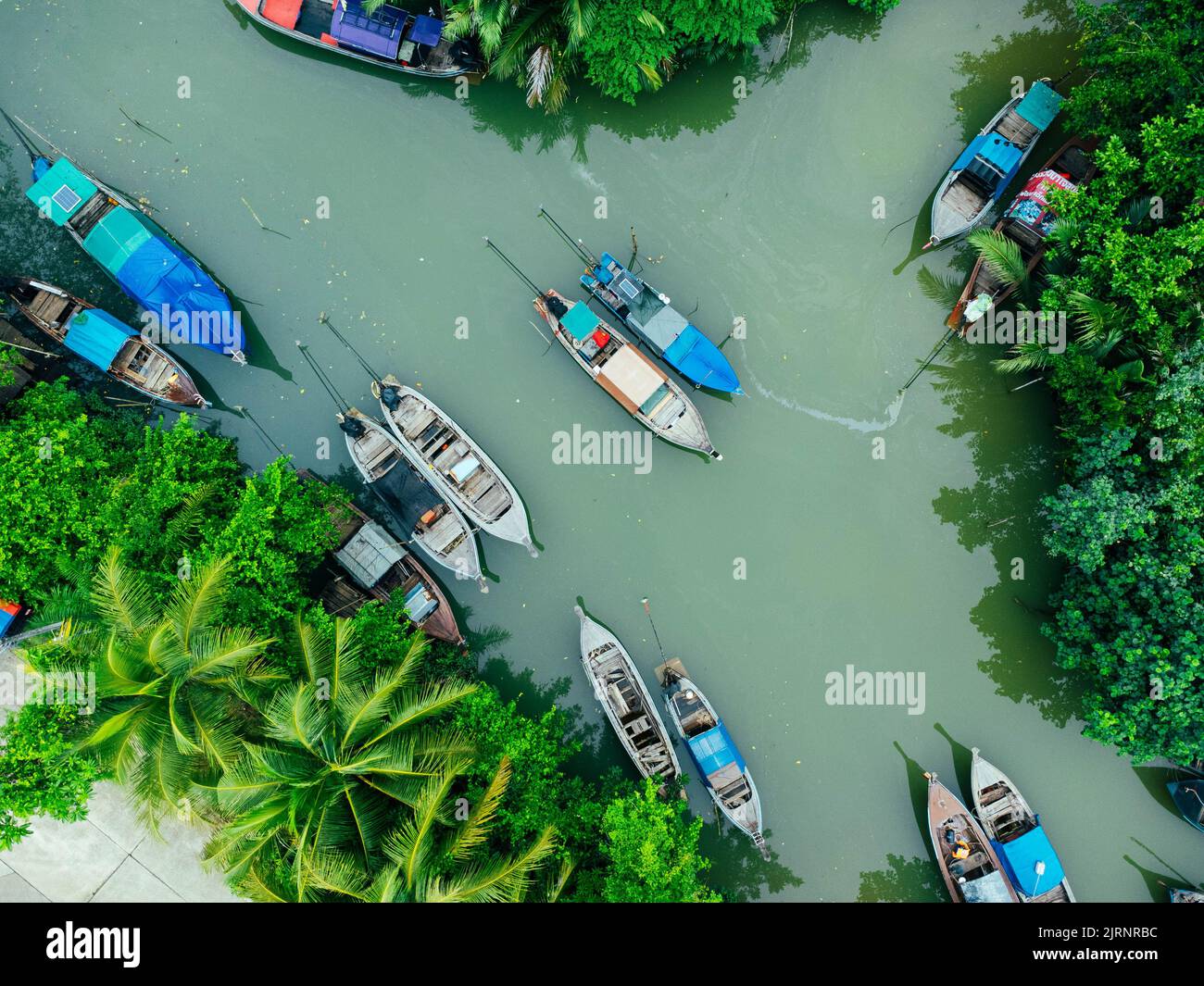 Aerial view from drones of fisherman boats and harbour in the river ...