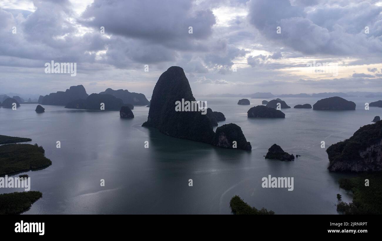 Aerial view of Samet Nangshe and mangrove forest at sunset in Phang Nga ...