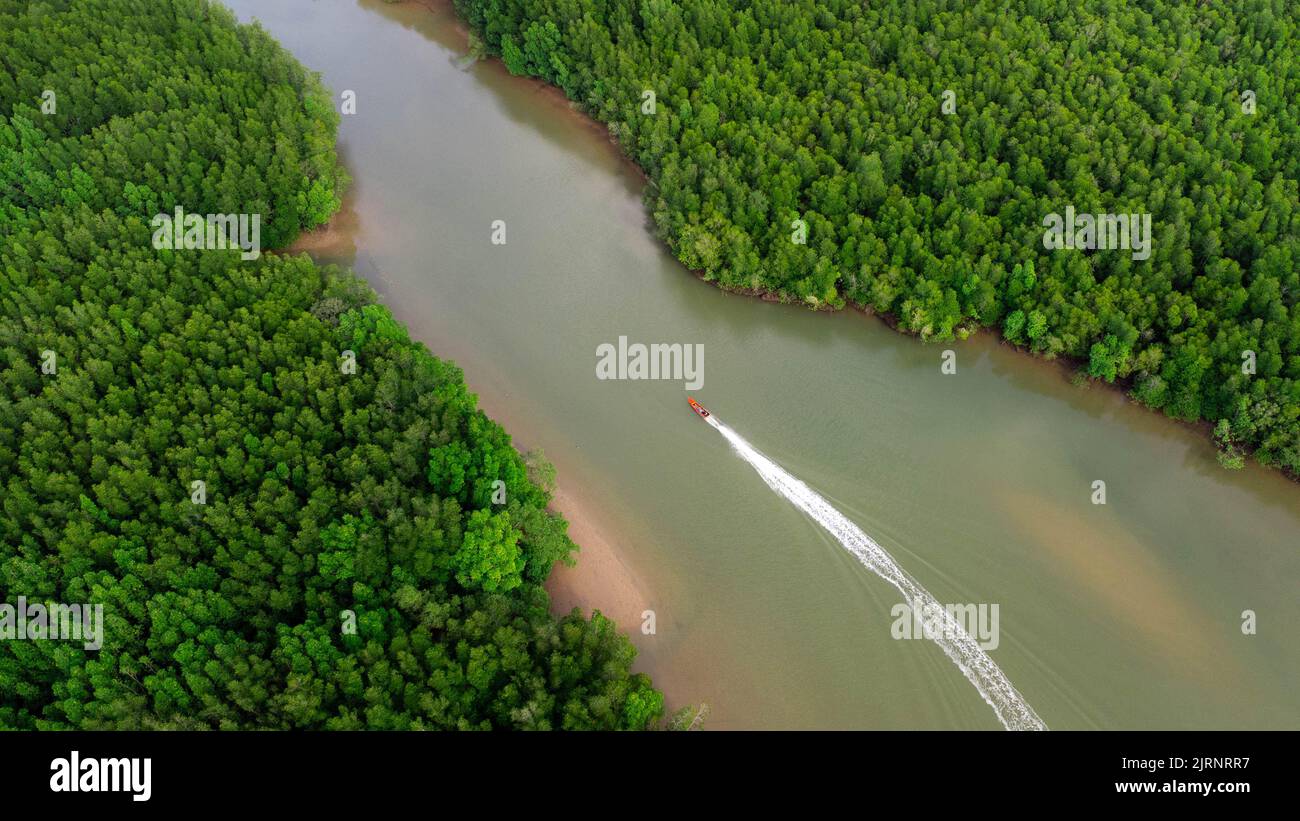 Aerial view of a Thai traditional longtail boat sailing in Phang Nga ...