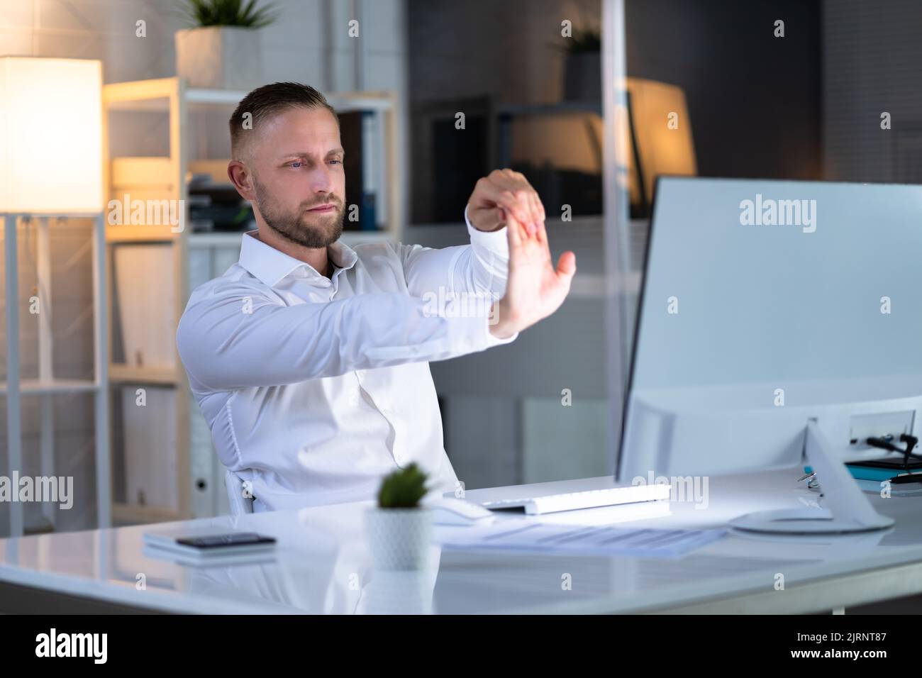 Office Desk Stretch Exercise Workout. Relaxing Stress Break Stock Photo ...