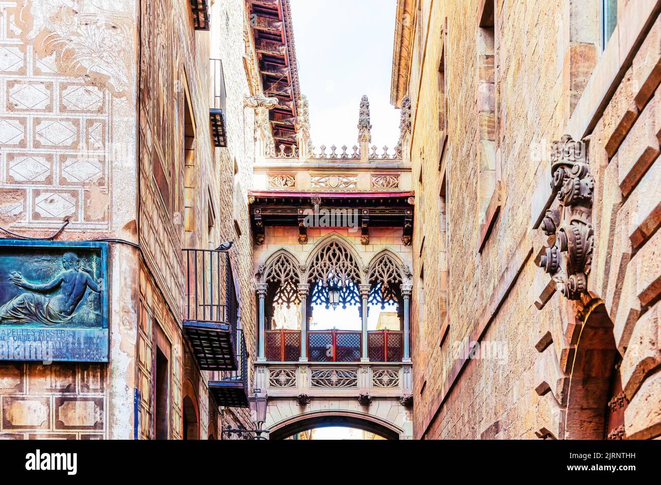 Beautiful medieval pedestrian bridge joining two old buildings made of ...