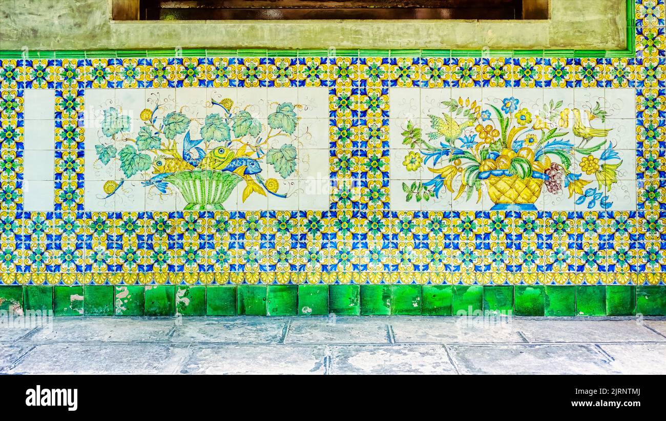 Front view of beautiful tile decorations in a medieval building Stock ...