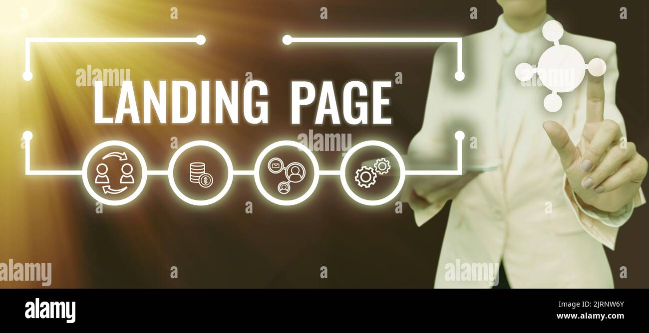 Hand writing sign Landing Page. Business idea Website accessed by clicking a link on another web ...