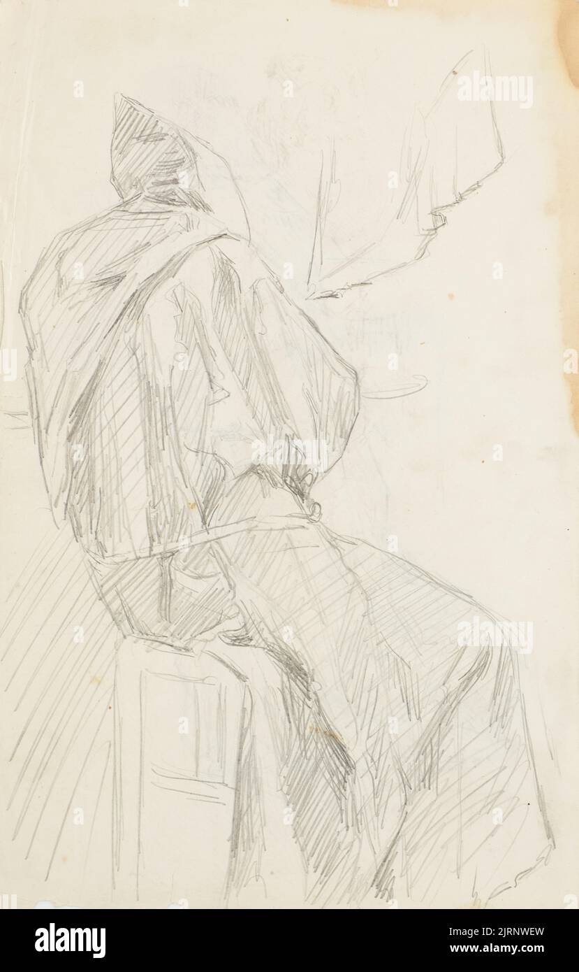 Two studies of monk: 1. Cloaked, rear view. 2. Standing with book in ...