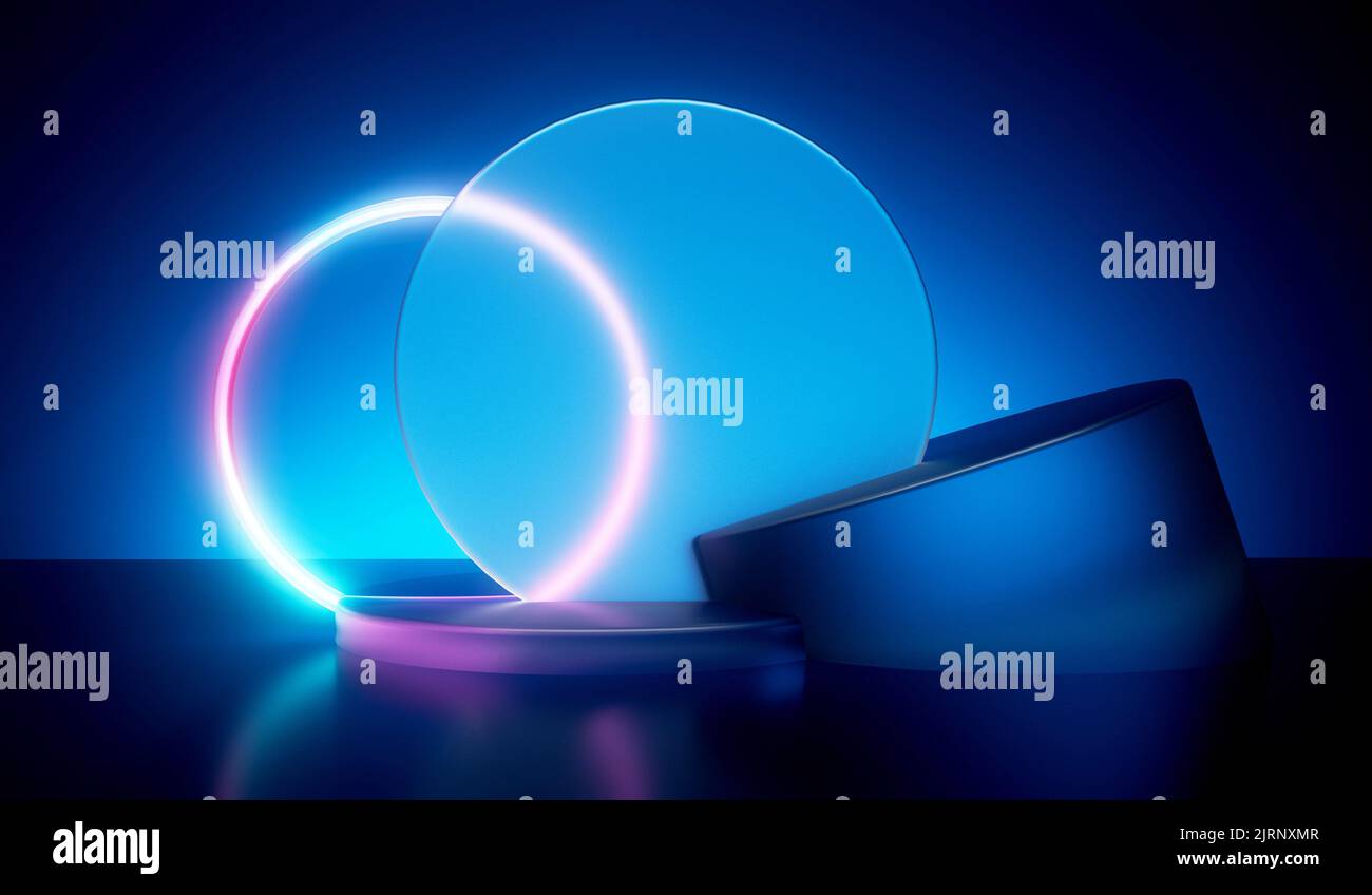 Abstract geometric minimal frosted glass and neon product display ...