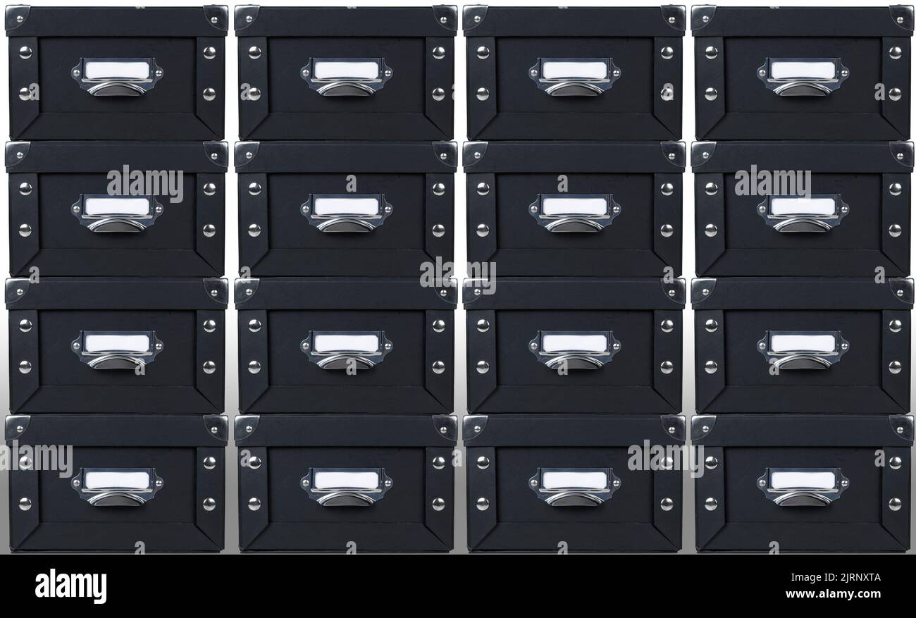 Front view of stack of black storage boxes full frame background Stock ...