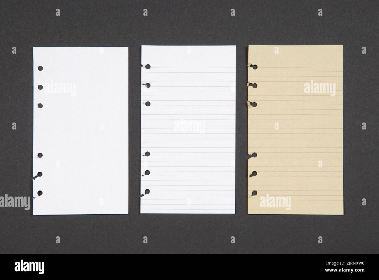 Three plain pieces of note paper torn from a book on black background ...