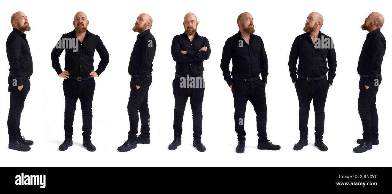 group of same man standing, bald and beard on white background Stock ...