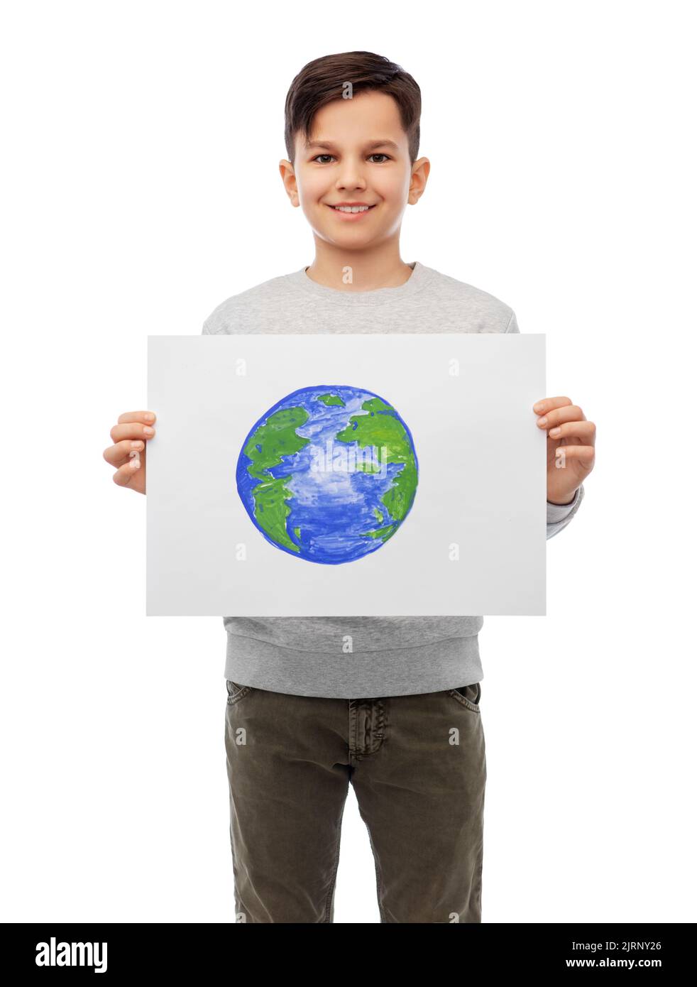 smiling boy holding drawing of earth planet Stock Photo - Alamy