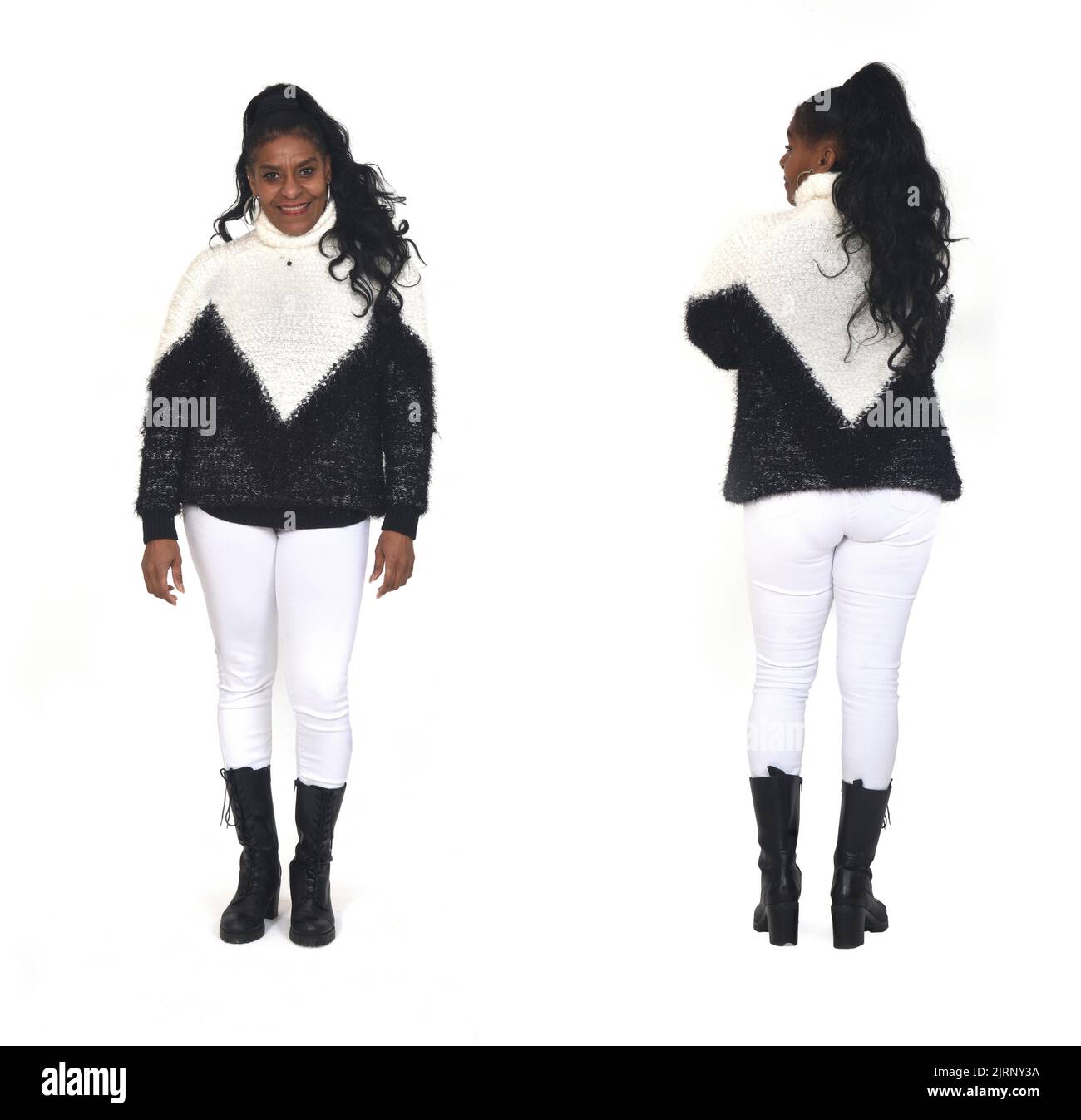 back and front view of same women standing on white background Stock ...