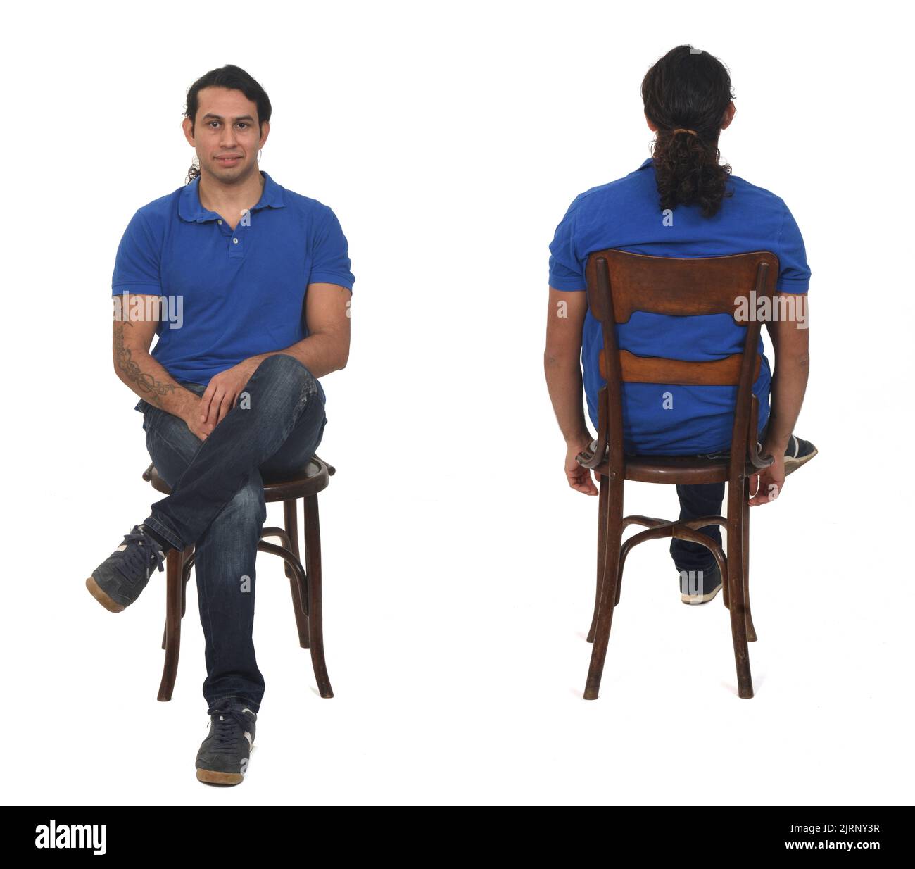 back and front view of a seated man with ponytail on white background ...