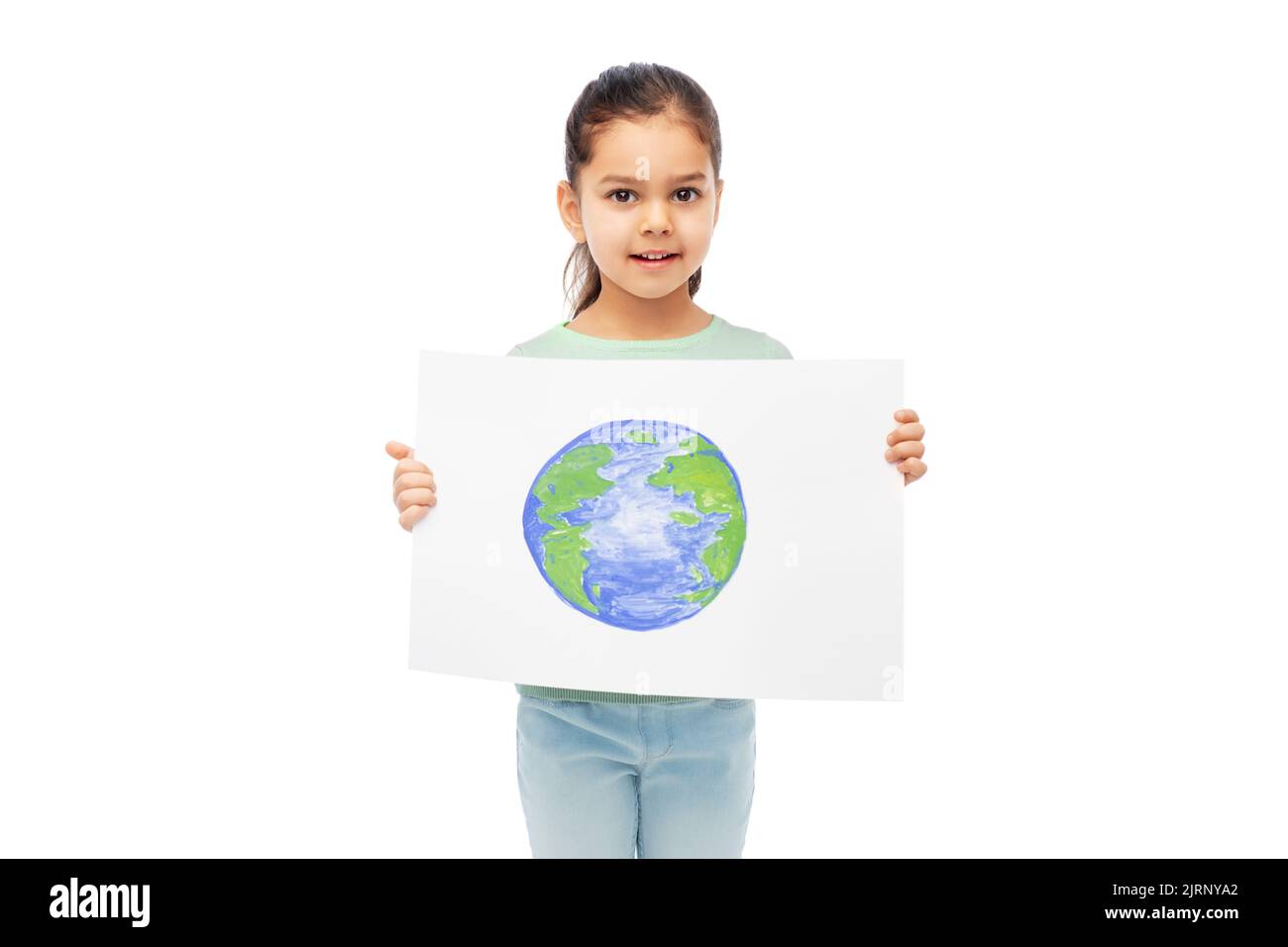 smiling girl holding drawing of earth planet Stock Photo - Alamy