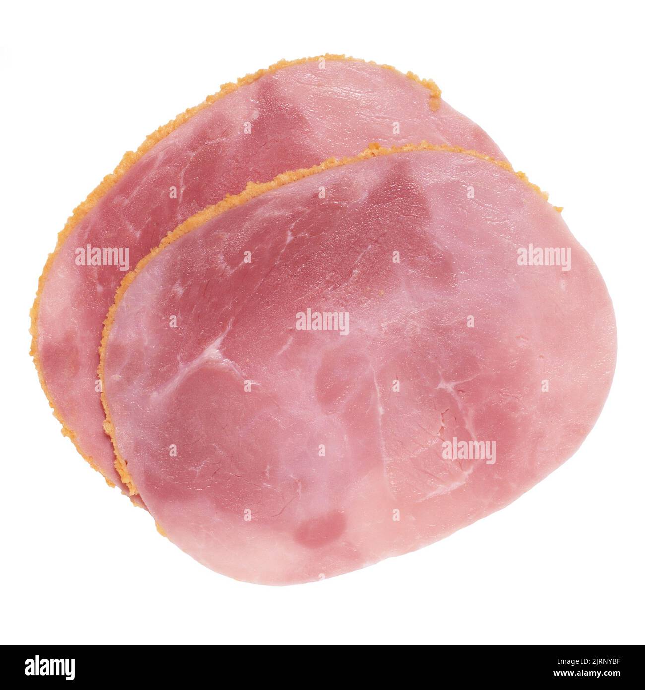 Slices of breaded cooked ham on white background Stock Photo - Alamy