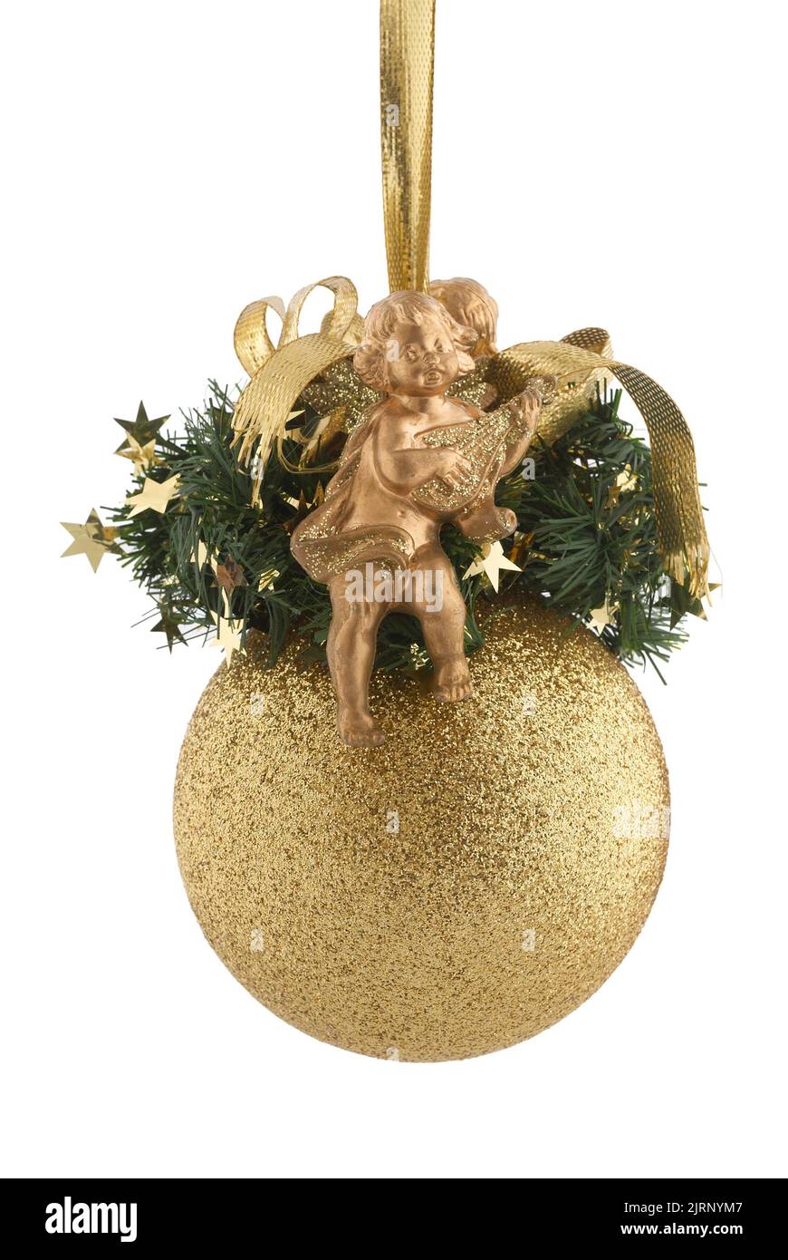 Gold christmas decoration with cherubs sat playing stringed instruments ...