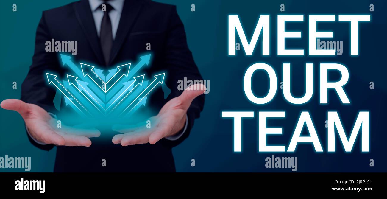 Hand writing sign Meet Our Team. Business overview Presentation of a ...