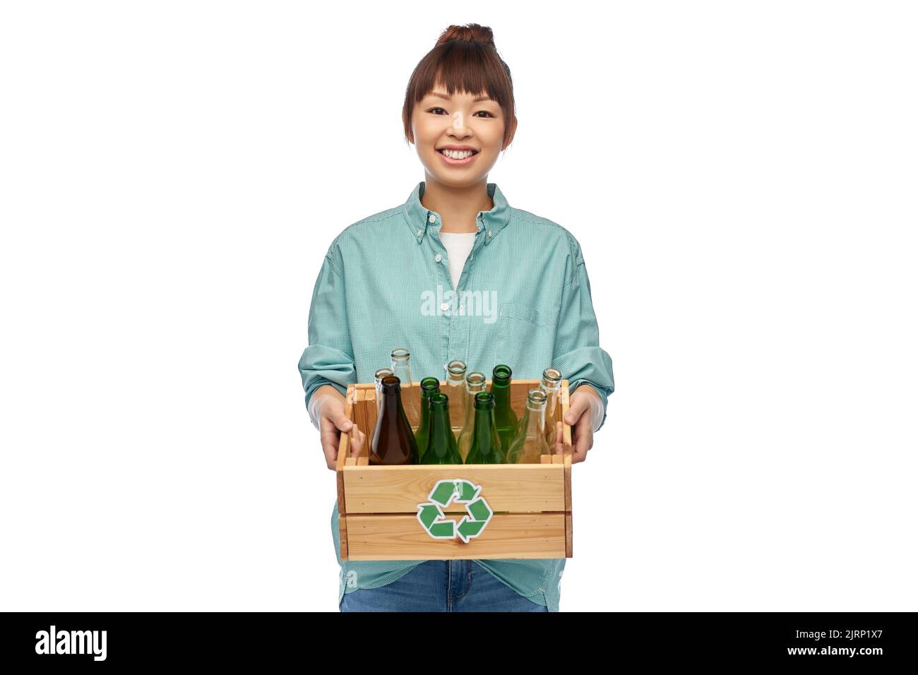 smiling young asian woman sorting glass waste Stock Photo - Alamy