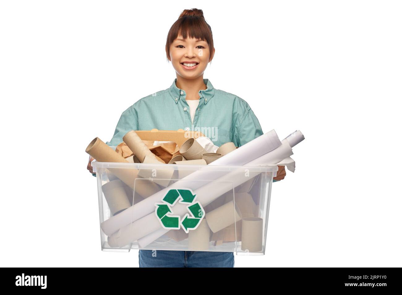 happy smiling asian woman sorting paper waste Stock Photo - Alamy