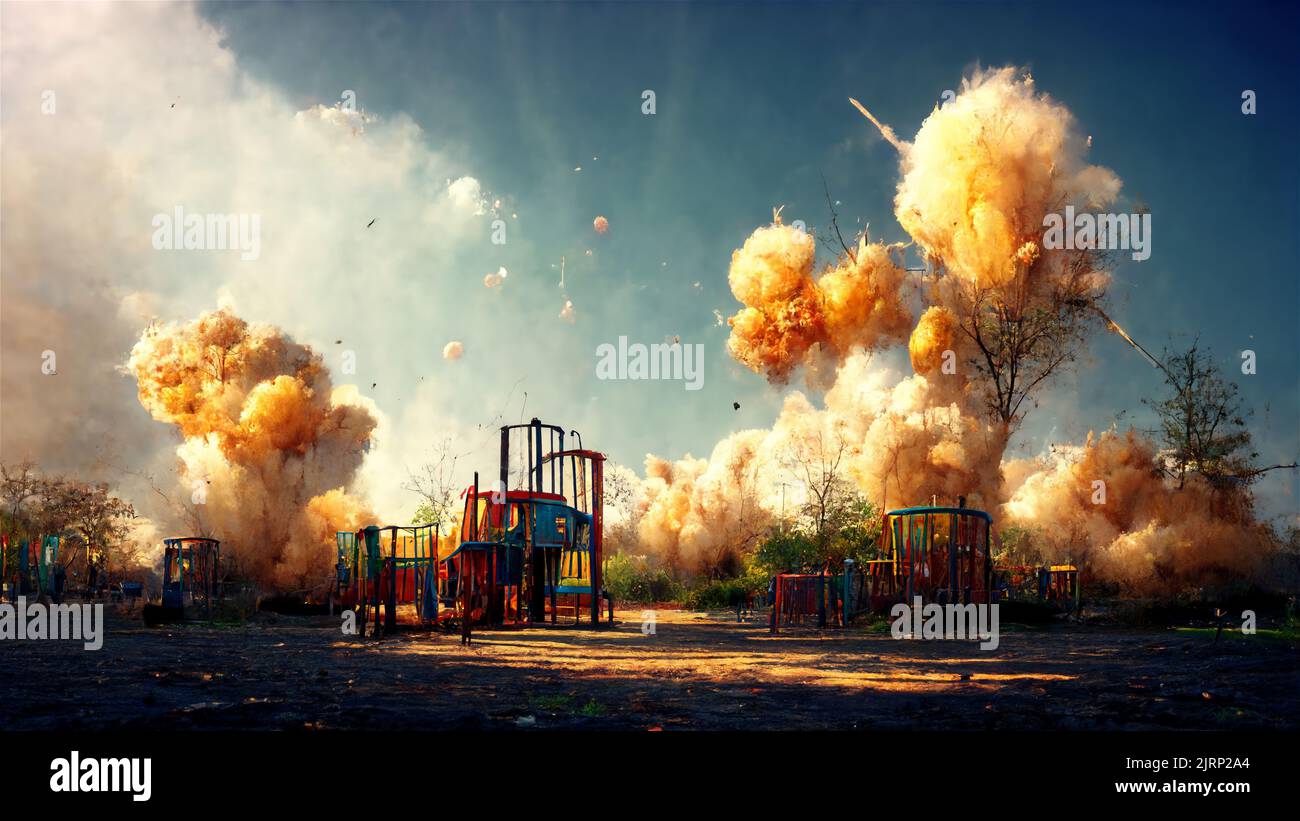 Explosion in the playground against blue sky, abstract picture. Concept of nuclear bomb, war ...