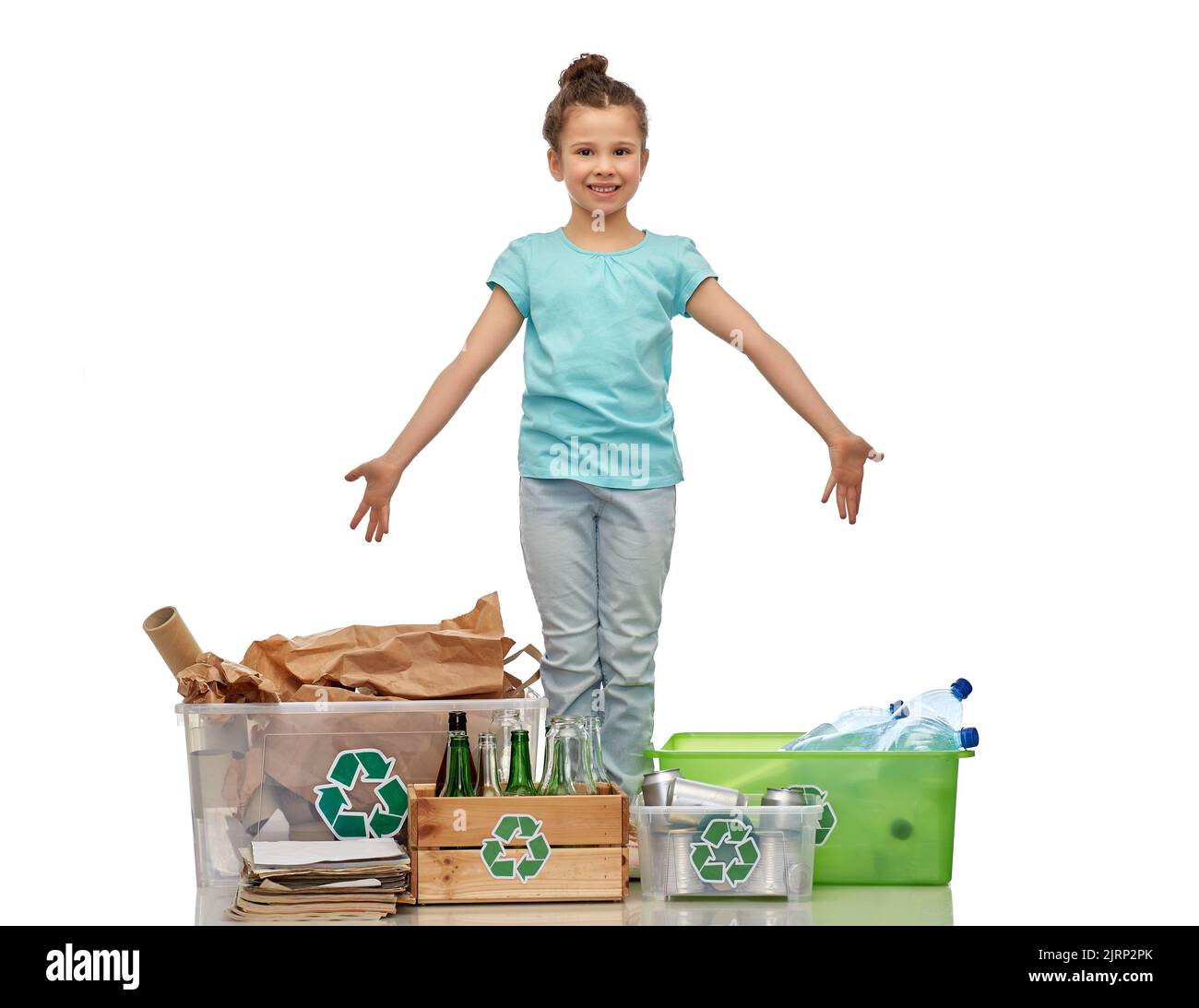 happy girl sorting paper, metal and plastic waste Stock Photo - Alamy