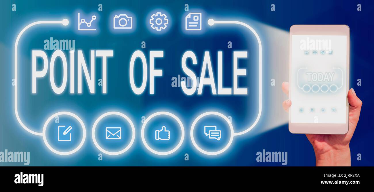Sign displaying Point Of Sale. Business overview Method for doing ...
