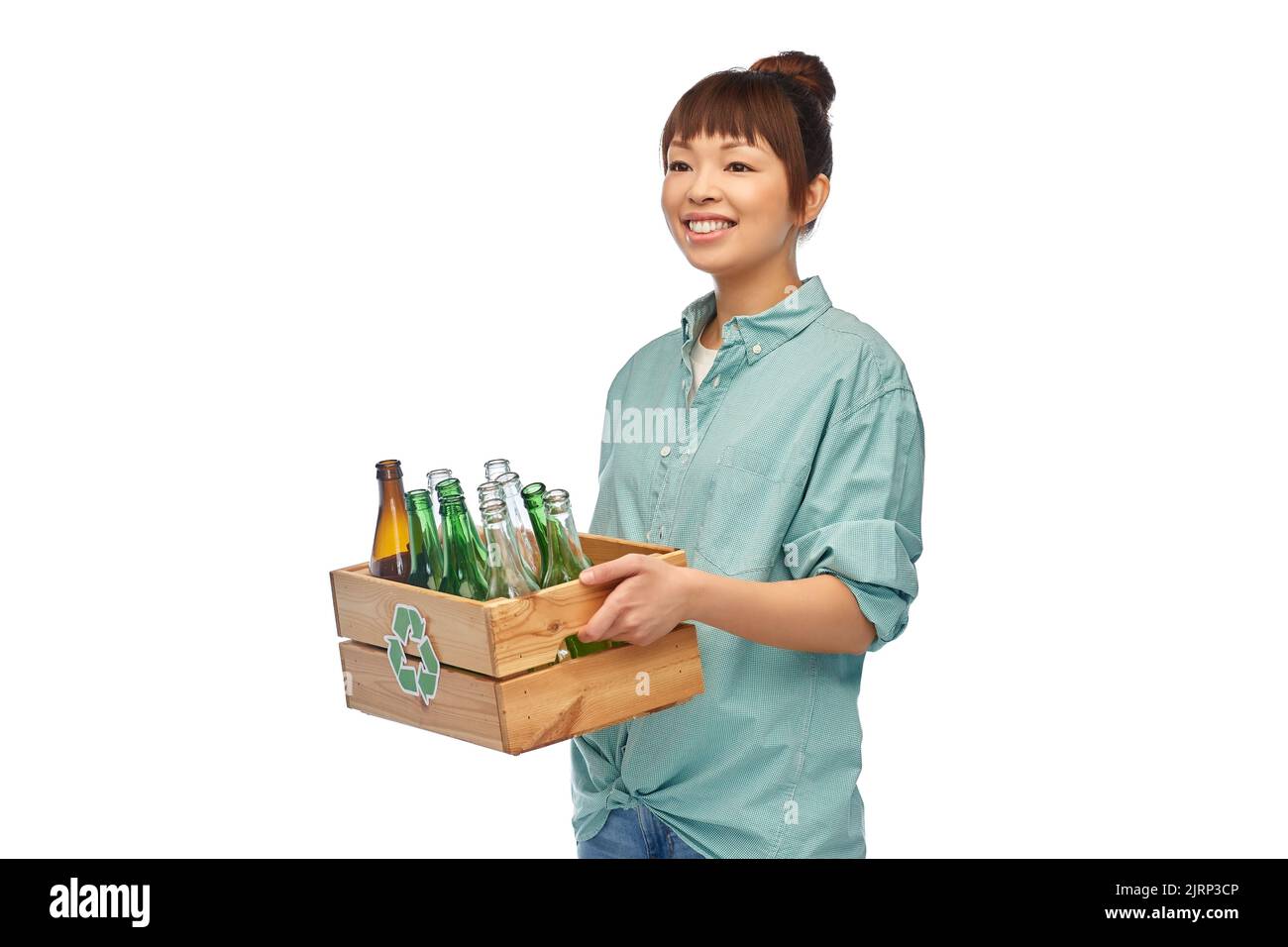 smiling young asian woman sorting glass waste Stock Photo - Alamy
