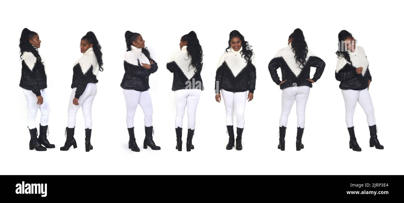 large group of same women various poses standing over white background ...