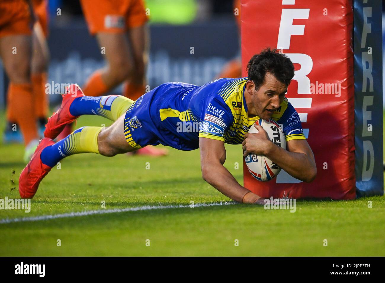 Stefan Ratchford #1 of Warrington Wolves goes over for his 100th Career ...