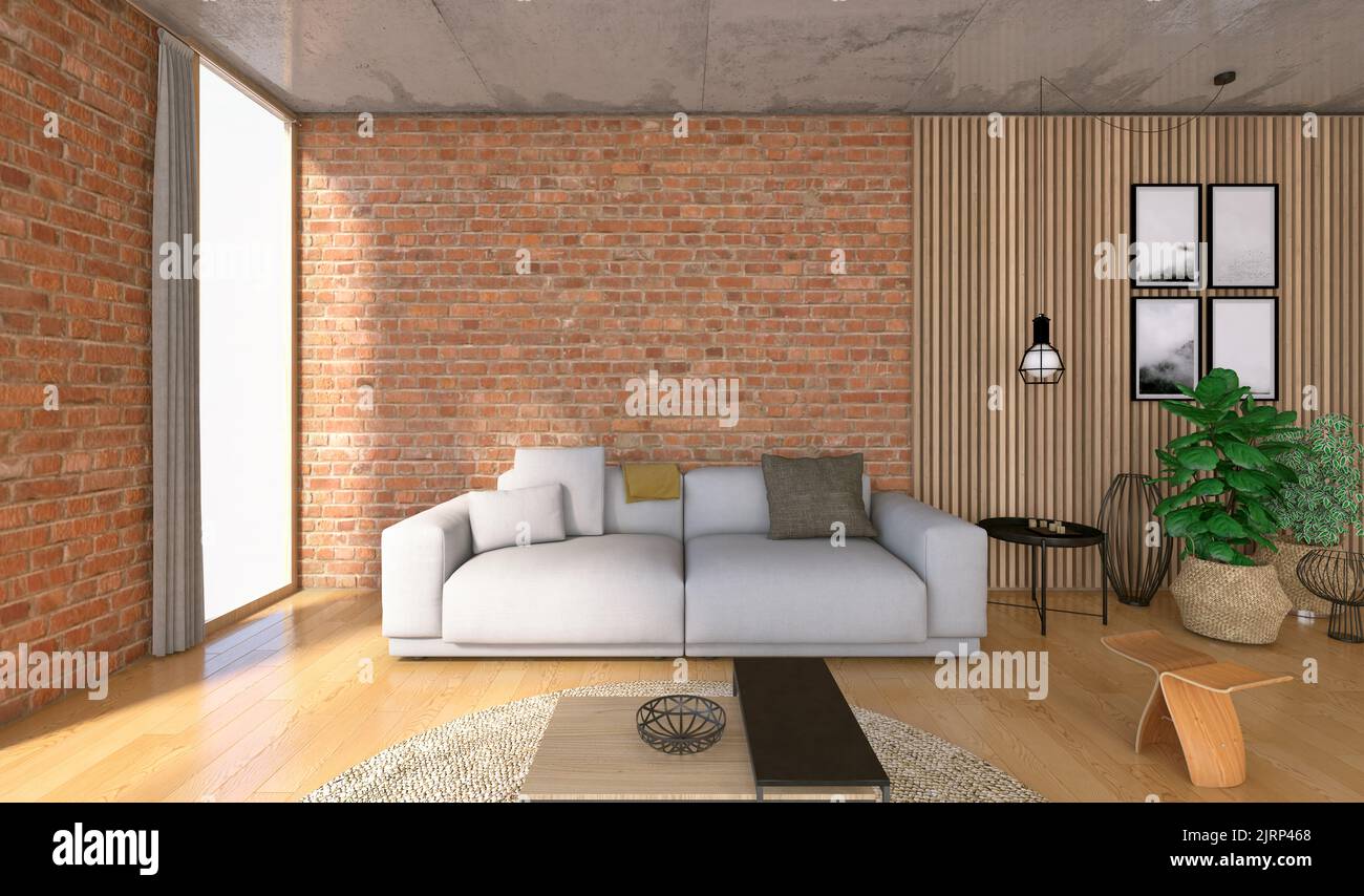 Interior view of a cozy nordic-style living room. Wooden floor and ...