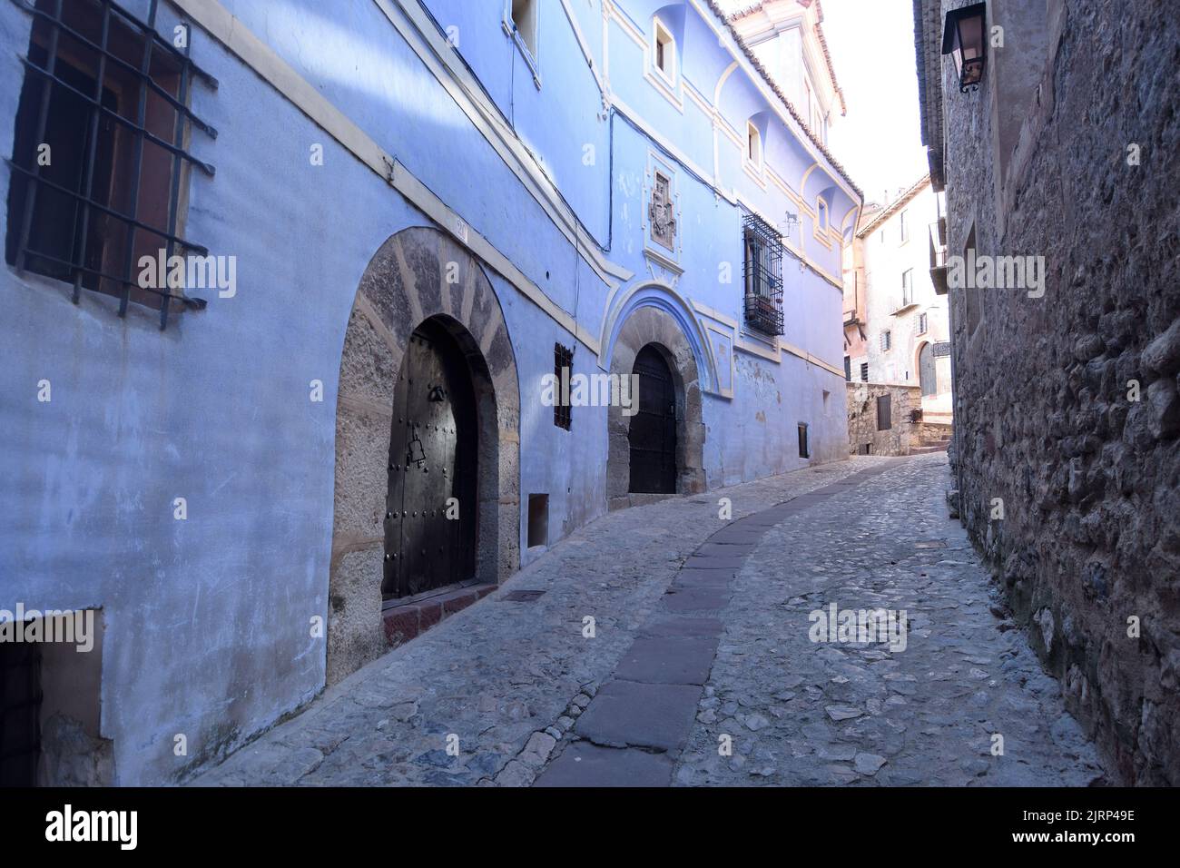 blue house in the historic center of the town of Albarracin, Teruel ...