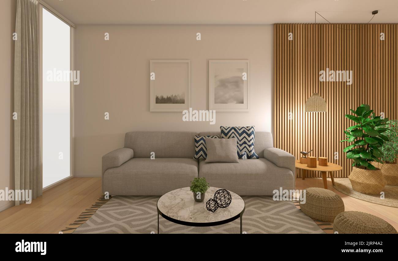 Interior night view of a cozy nordic style living room. White wooden ...
