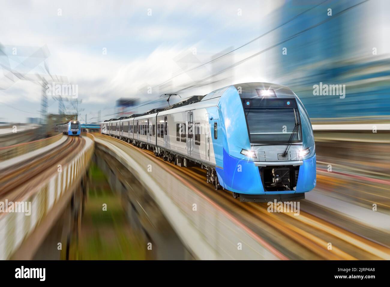 Two modern high speed train moves fast moving over the bridge overpass ...