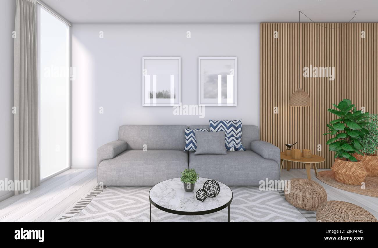 Interior view of a cozy living room in Nordic style. White wooden floor ...